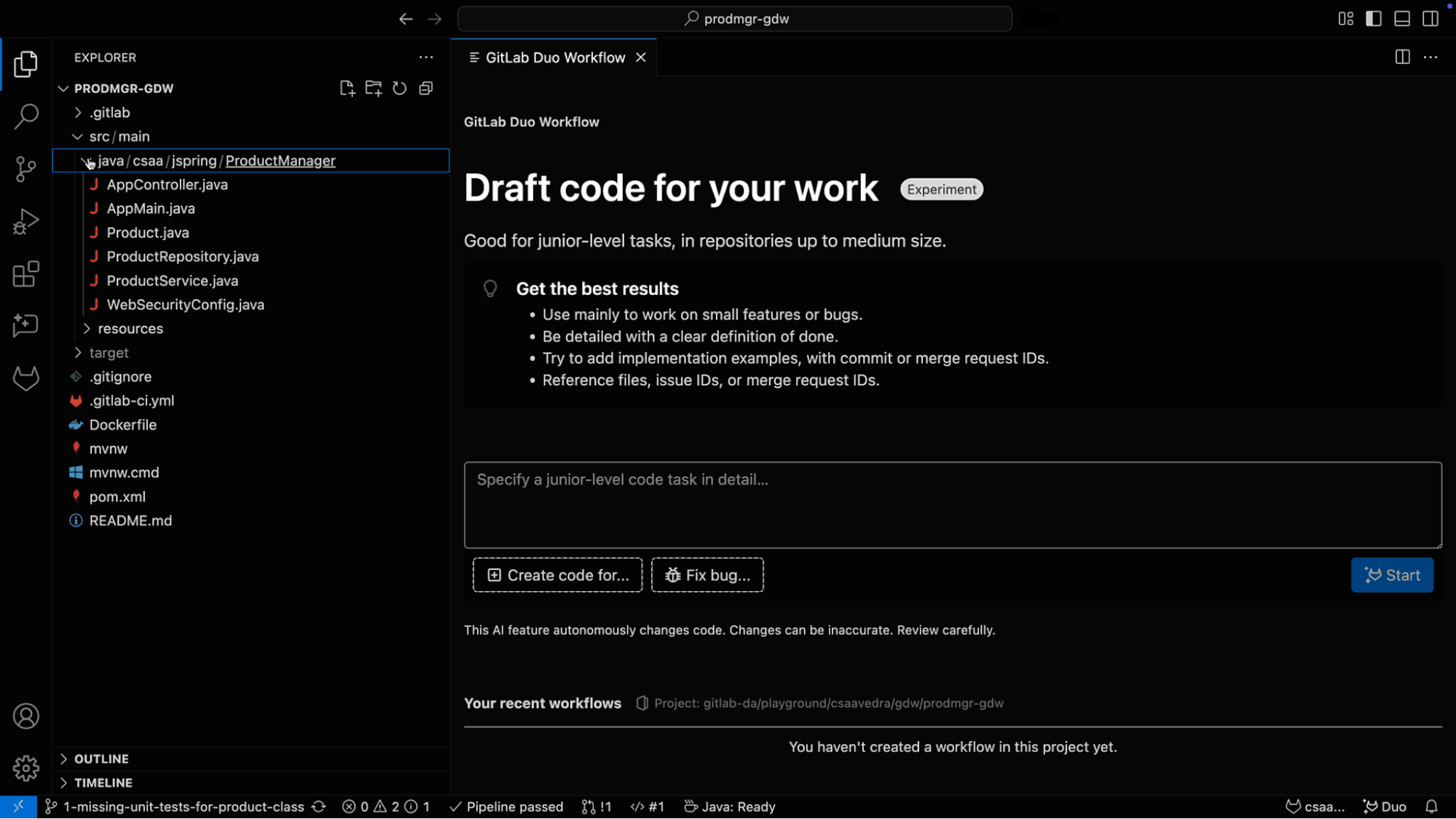 Use GitLab Duo Workflow to improve application quality assurance